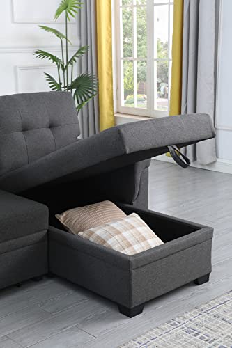 SONGG 84'' L-Shape Convertible Sleeper Sectional Sofa with Storage Chaise and Tufted Cushions, 3 Person Linen Upholstered Reversible Corner Couch w/Pull-Out Bed, for Living Room, Apartment