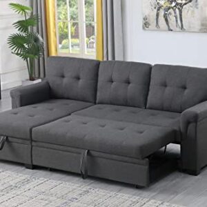 SONGG 84'' L-Shape Convertible Sleeper Sectional Sofa with Storage Chaise and Tufted Cushions, 3 Person Linen Upholstered Reversible Corner Couch w/Pull-Out Bed, for Living Room, Apartment