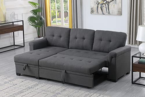 SONGG 84'' L-Shape Convertible Sleeper Sectional Sofa with Storage Chaise and Tufted Cushions, 3 Person Linen Upholstered Reversible Corner Couch w/Pull-Out Bed, for Living Room, Apartment