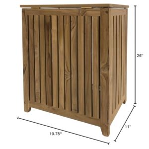 Genuine Teak Wood Spa Style Full Size Hamper, Top Load Double Hinged Lid, Slat Panel Woodgrain Finish, 19.75 Inch Width x 11 inch Depth x 26 Inch Tall