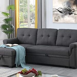 SONGG 84'' L-Shape Convertible Sleeper Sectional Sofa with Storage Chaise and Tufted Cushions, 3 Person Linen Upholstered Reversible Corner Couch w/Pull-Out Bed, for Living Room, Apartment