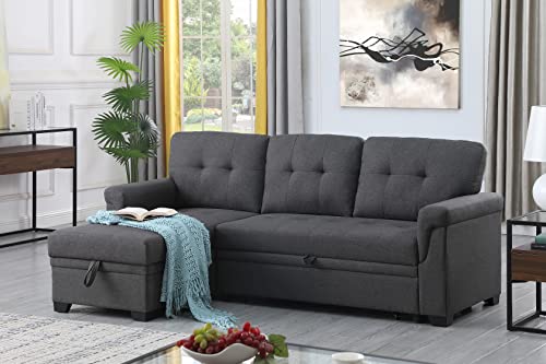 SONGG 84'' L-Shape Convertible Sleeper Sectional Sofa with Storage Chaise and Tufted Cushions, 3 Person Linen Upholstered Reversible Corner Couch w/Pull-Out Bed, for Living Room, Apartment