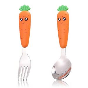 witbicg travel cutlery set baby, 2 pcs toddler utensils, kids spoon and fork self-feeding, carrot child flatware sets, stainless steel fun baby silverware, complementary food weaning