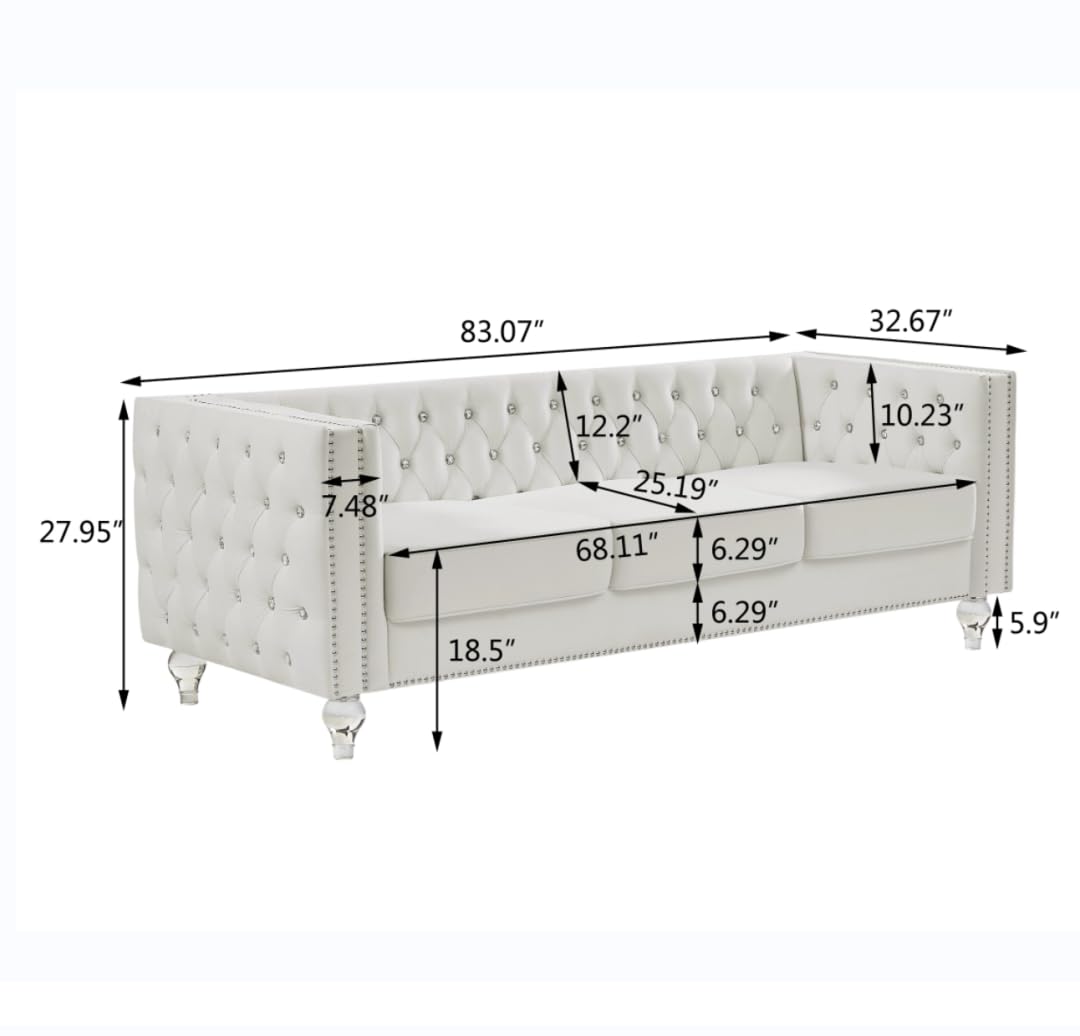 i-POOK 83" 3-Seater Chesterfield Sofa Couch, Tufted Upholstered Sofa with 2 Plush Pillows, Crystal Legs and Nailhead Trim Arms, Diamond Comfy Sofa for Living Room, Office, Guests Room, Beige