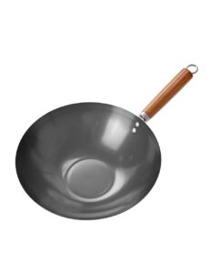 commercial chef 12" carbon steel wok with acacia wood handle, non stick stir fry pan with ceramic coating, safe for any cooktop or grill, lighter and cools faster than cast iron