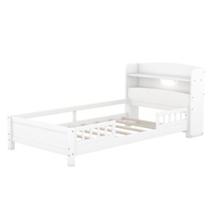 BestLM Wood Twin Size Platform Bed with Built-in LED Light, Storage Headboard and Safety Guardrail for Kids Teens Boys Girls, No Box Spring Needed, White