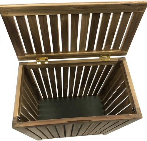 Genuine Teak Wood Spa Style Full Size Hamper, Top Load Double Hinged Lid, Slat Panel Woodgrain Finish, 19.75 Inch Width x 11 inch Depth x 26 Inch Tall