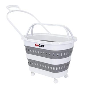 dbest products folding gocart collapsible laundry basket on wheels grocery cart shopping foldable pop up plastic hamper tote handles cesto para ropa sucia, white