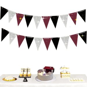 graduation decorations maroon black 2024/burgundy black graduation party decorations/burgundy silver black triangle banners 2pcs for maroon black birthday party decorations bridal shower/wedding