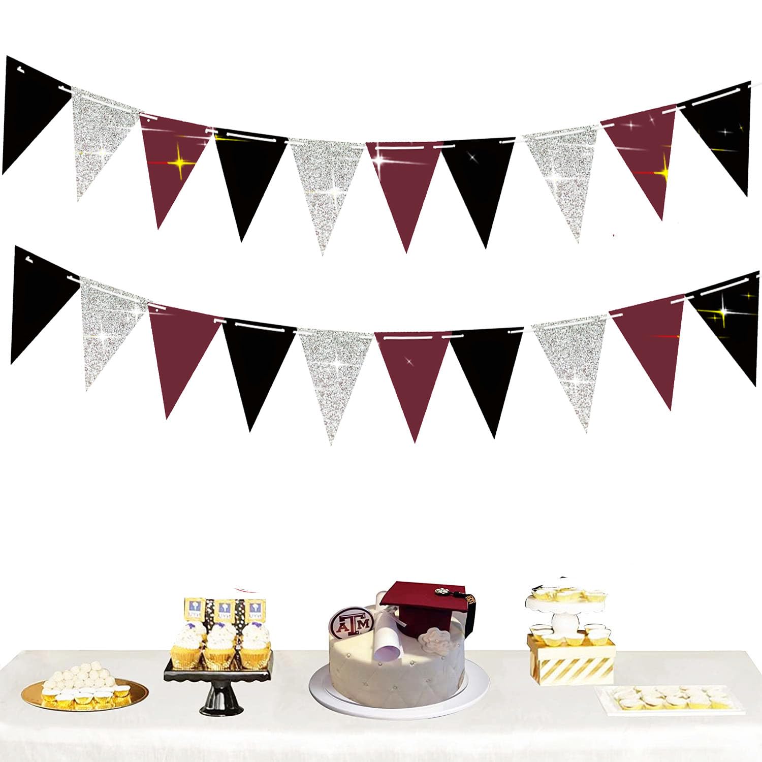 Graduation Decorations Maroon Black 2024/Burgundy Black Graduation Party Decorations/Burgundy Silver Black Triangle Banners 2pcs for Maroon Black Birthday Party Decorations Bridal Shower/Wedding