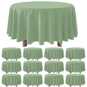 yidako 12 pack sage green plastic tablecloths round light green tablecloth waterproof disposable round sage table cover for birthday bridal wedding baby shower party decorations,84inch