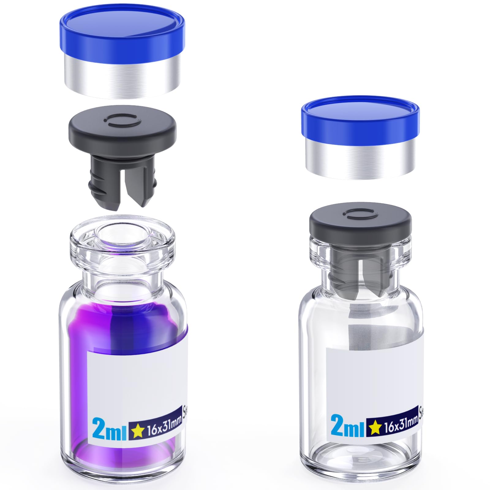 Ks-Tek Sterile Empty Vial with Separately Butyl Rubber Stopper and Flip Top Closure,Removable,After Filling,Need to Seal by CrimperType 1 Borosilicate Glass Tubing (2ml)