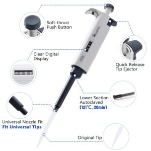 eLabPal 100-1000μl Adjustable Volume Pipette, Lab Single Channel Micropipette, 1000μl/1ml High Precision Pipettor, Autoclavable