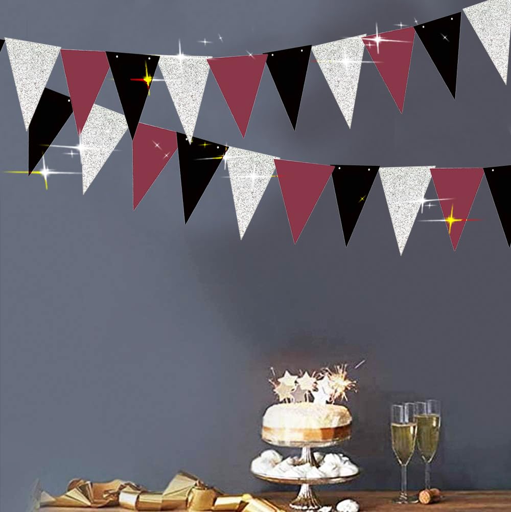 Graduation Decorations Maroon Black 2024/Burgundy Black Graduation Party Decorations/Burgundy Silver Black Triangle Banners 2pcs for Maroon Black Birthday Party Decorations Bridal Shower/Wedding