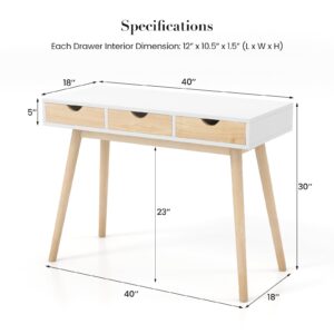 Tangkula Mid Century Desk with 3 Drawers, Home Office Writing Desk, Wooden Laptop Study Desk with Solid Rubber Wood Legs, Computer Workstation, Makeup Vanity Desk for Bedroom