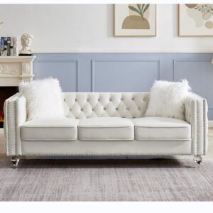 i-POOK 83" 3-Seater Chesterfield Sofa Couch, Tufted Upholstered Sofa with 2 Plush Pillows, Crystal Legs and Nailhead Trim Arms, Diamond Comfy Sofa for Living Room, Office, Guests Room, Beige