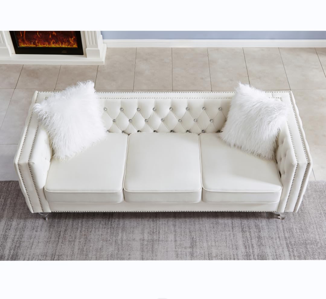 i-POOK 83" 3-Seater Chesterfield Sofa Couch, Tufted Upholstered Sofa with 2 Plush Pillows, Crystal Legs and Nailhead Trim Arms, Diamond Comfy Sofa for Living Room, Office, Guests Room, Beige