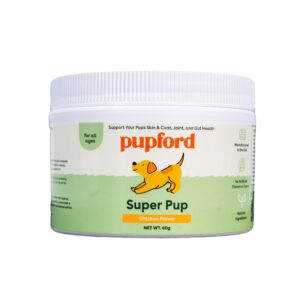 pupford super pup supplement, support your pup's skin & coat, joint and gut health, no artificial flavors or colors, chicken flavor, new wt 60g