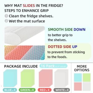 16 Pcs Refrigerator Liners, CR Washable Mats Covers Pads Home Kitchen Gadgets Accessories Organization Top Freezer Glass Shelf Wire Shelving Cupboard Cabinet Drawer (4 Blue 4 Green 4 Red 4 White)