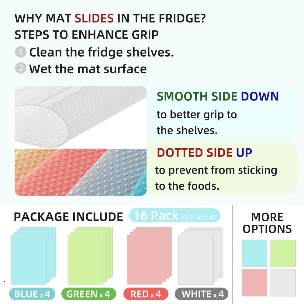 16 Pcs Refrigerator Liners, CR Washable Mats Covers Pads Home Kitchen Gadgets Accessories Organization Top Freezer Glass Shelf Wire Shelving Cupboard Cabinet Drawer (4 Blue 4 Green 4 Red 4 White)