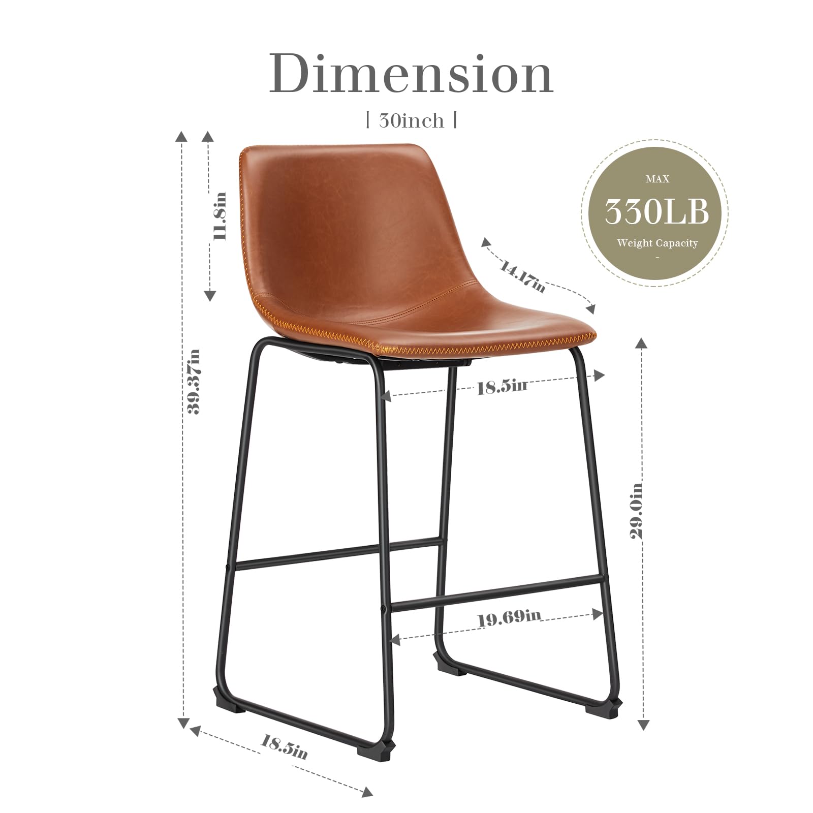 DUMOS 30 Inch Counter Height Bar Stools Set of 2, Modern Faux Leather High Barstools with Back and Metal Leg, Bar Chairs for Kitchen lsland, Brown