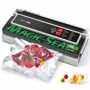 magic seal 16'' commercial vacuum sealer machine, meat sealer vacuum packing machine with double pump and auto cooling system, sealing and vacuum time control, compatible with mylar bags