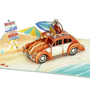 popwow car pop up card, beetle bug, new adventure, road trip, vacation 3d travel card for birthday, graduation, congratulations, retirement, work anniversary, farewell, goodbye, bon voyage, 5x7