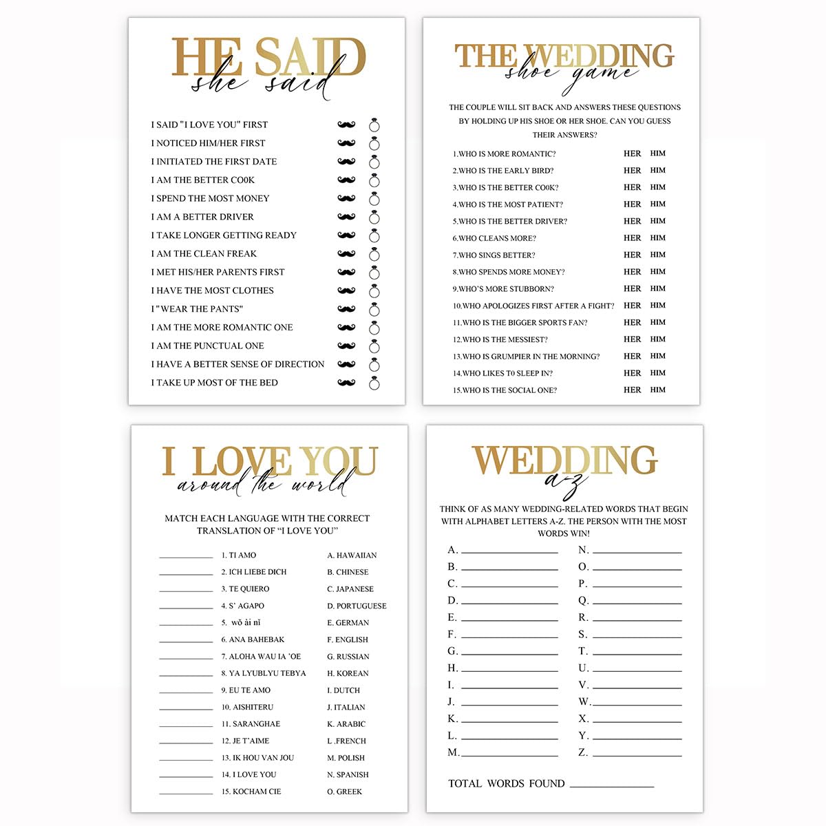 60 Pcs Gold Bridal Shower Game for Guest, Wedding Engagement Party Supplies, Included 4 Games - I Love You around World, He Said She Said, Wedding Shoe Game, Wedding A-Z, Double-sided