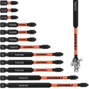 lozagu 12-piece phillips bits #2 impact magnetic, s2 steel, 1 2 3 4 5 6 inch long 2 phillips bits set, 1/4 hex shank phillips head drill bits