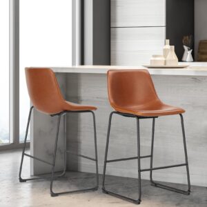 DUMOS 30 Inch Counter Height Bar Stools Set of 2, Modern Faux Leather High Barstools with Back and Metal Leg, Bar Chairs for Kitchen lsland, Brown