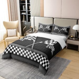 Castle Fairy 100% Nature Cotton Race Car Themed Duvet Cover Set Stripes Geometric Honeycomb Comforter Cover Set Twin Size with 1 Pillowcase Black White Checkered Flag Print Bedding Set