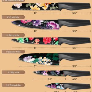 Astercook Knife Set, 12-Piece Flower Kitchen Knives Sets with Blade Guards, Dishwasher Safe, German High Carbon Stainless Steel, Perfect Gifts for Kitchen