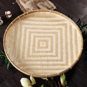 BESTonZON Handmade Bamboo Woven Basket Tray No Hole Bamboo Sieve Basket Wicker Basket for Vegetables Round Flat Shallow Basket Wall Art Ornament for Farmhouse Decor