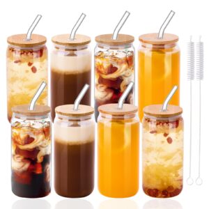 [ 8-piece set ] bamboo lid glass drinking glasses with glass straw - 16-ounce can shaped glassware for beer, iced coffee, cocktails, whiskey, and more, perfect for cocktails, whiskey, and gifting