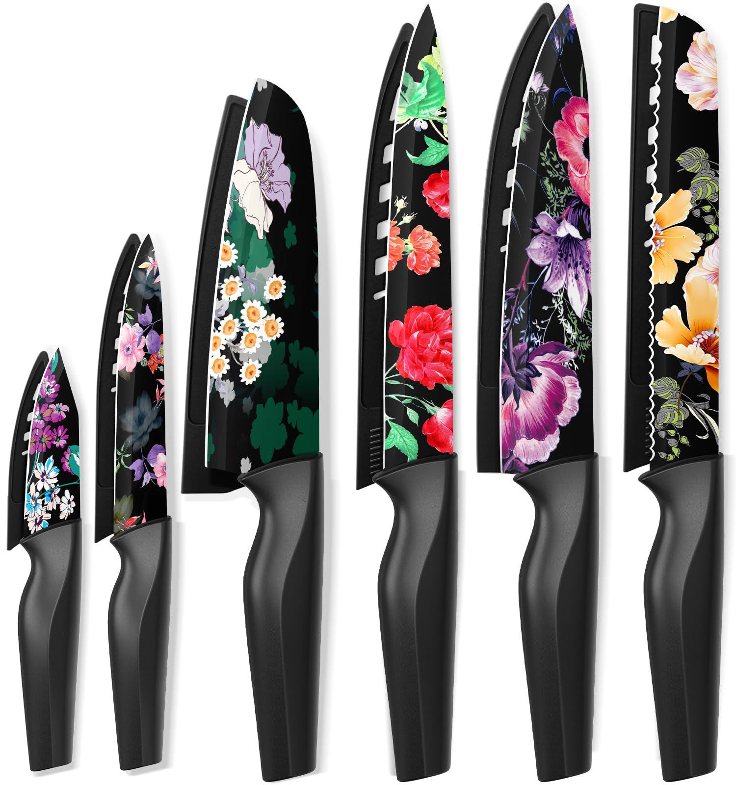 Astercook Knife Set, 12-Piece Flower Kitchen Knives Sets with Blade Guards, Dishwasher Safe, German High Carbon Stainless Steel, Perfect Gifts for Kitchen