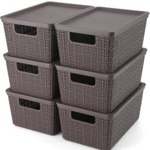 EOENVIVS Plastic Storage Baskets with Lids Kitchen Organizers and Storage Containers Organizer Bins Small Baskets for Shelves Drawers Desktop Closet Playroom Classroom Office, Brown, 6 Pack