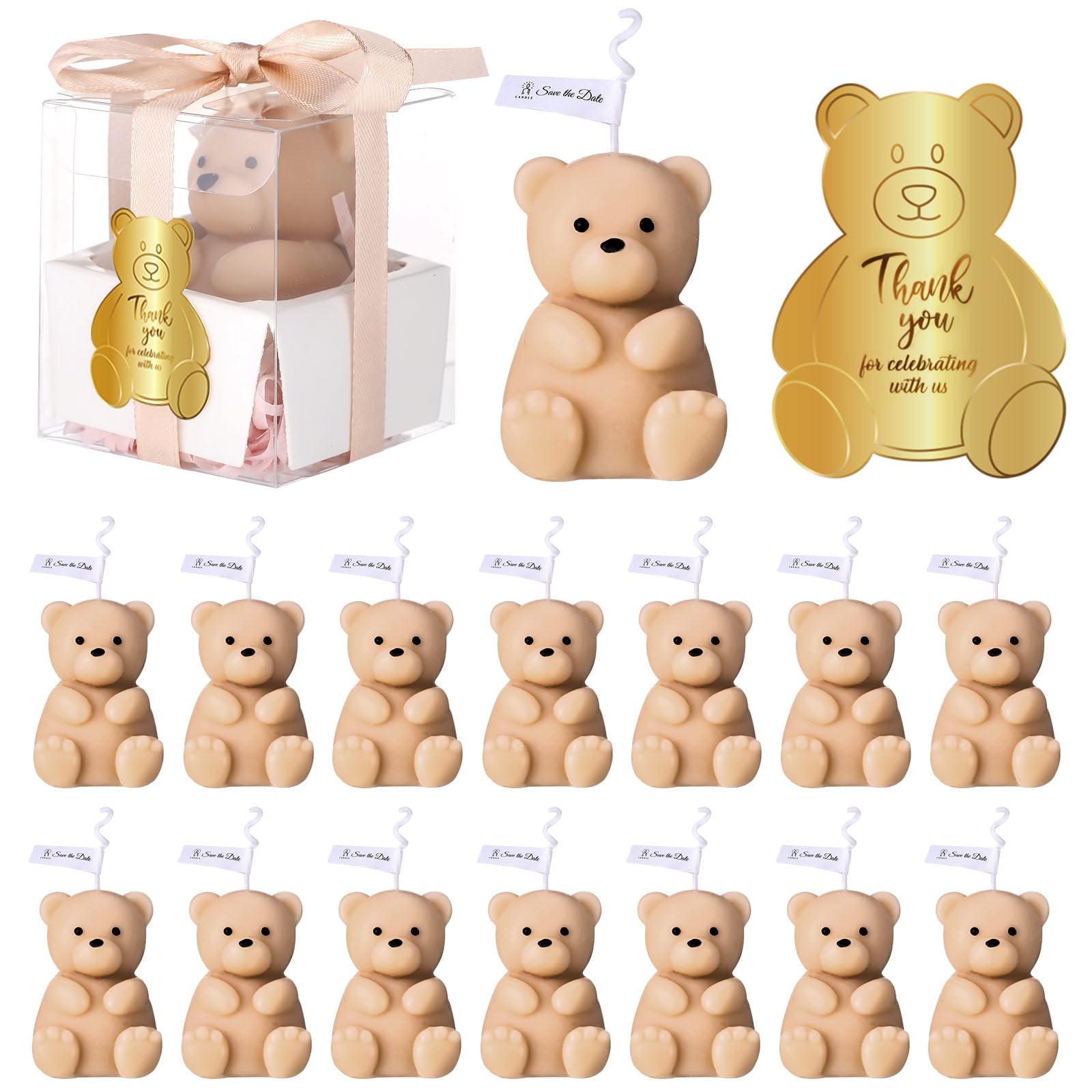 MTLEE 36 Pcs Baby Shower Favors Includes 12 Bear Candles with 12 Bear Shaped Acrylic Cards and 12 Clear Gift Boxes Filled with Raffia Grass for Baby Shower Gifts Birthday Gift Wedding(Pink)