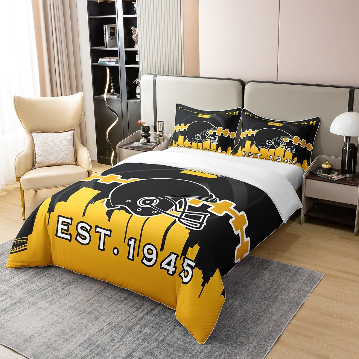 Erosebridal American Football Lovers 100% Organic Cotton Duvet Cover Full,Football Bedding Set,Sports Comforter Cover,Football Fans Bed Sets with 2 Pillow Shams Bedroom Decor,(Pittsburgh)