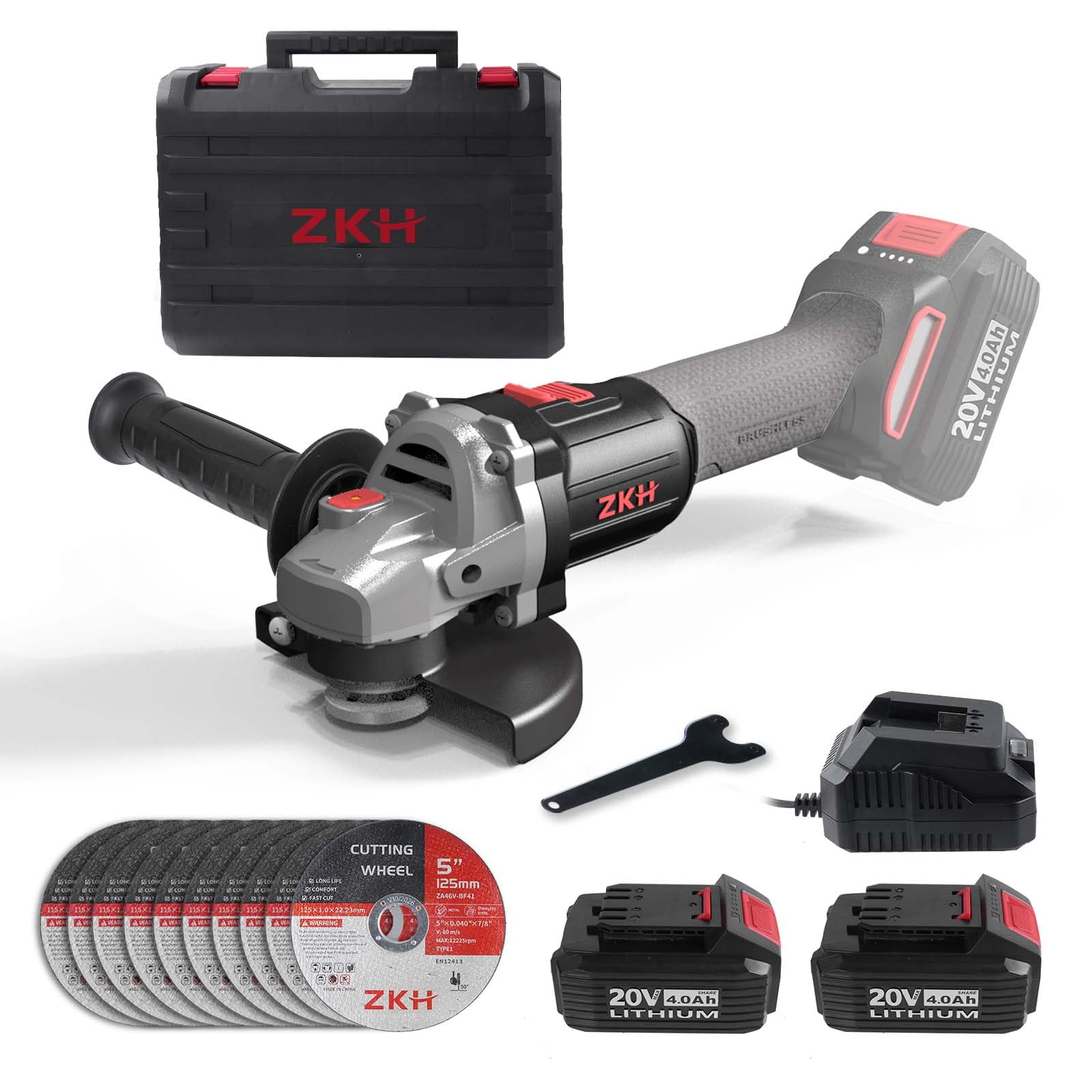 ZKH 20V Angle Grinder Cordless, 8500 RPM Brushless Motor, 4‑1/2 Inch Power Angle Grinder Tool w/2 x 4.0Ah Batteries & Fast Charger for Grinding, Cutting, Polishing, Ideal Angle Grinder Tool for Men