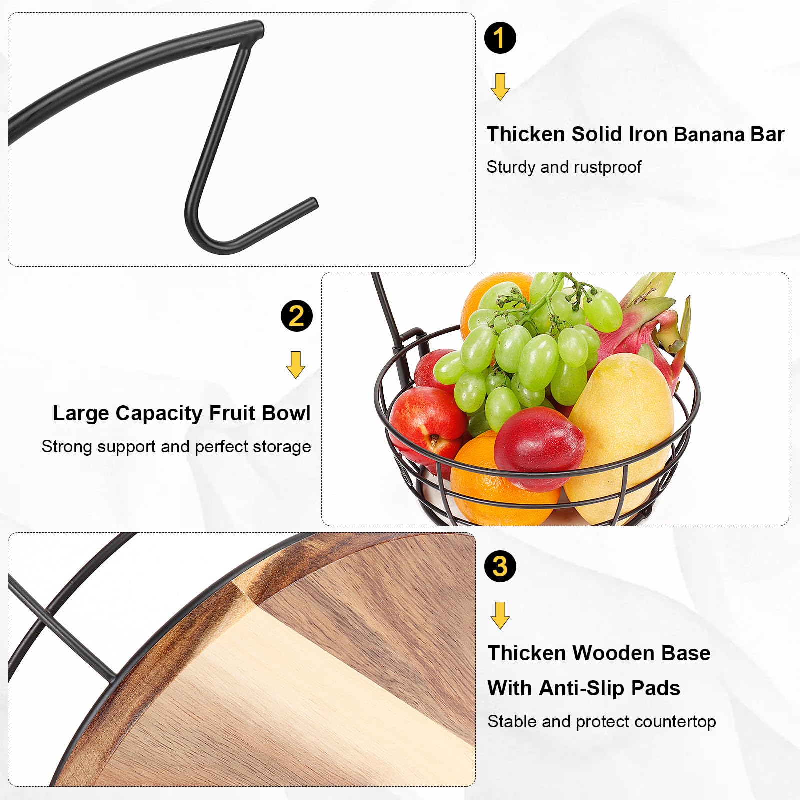 Livabber Countertop Fruit Basket Bowl with Banana Hanger, Modern Standing Fruit Vegetable Bowl Storage, with Banana Tree Holder for Kitchen Dinning Table (Round Wood, Black)