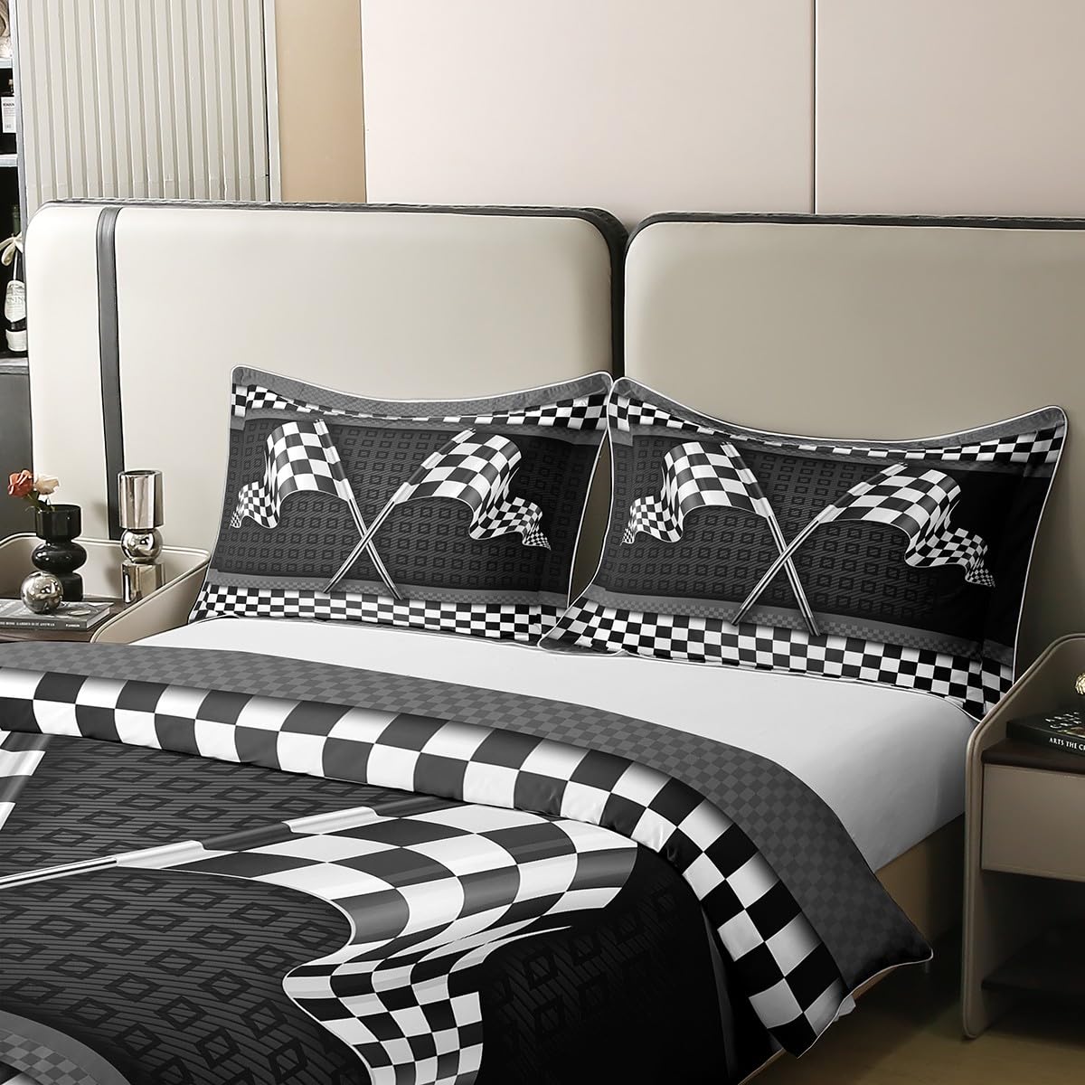 Castle Fairy 100% Nature Cotton Race Car Themed Duvet Cover Set Stripes Geometric Honeycomb Comforter Cover Set Twin Size with 1 Pillowcase Black White Checkered Flag Print Bedding Set