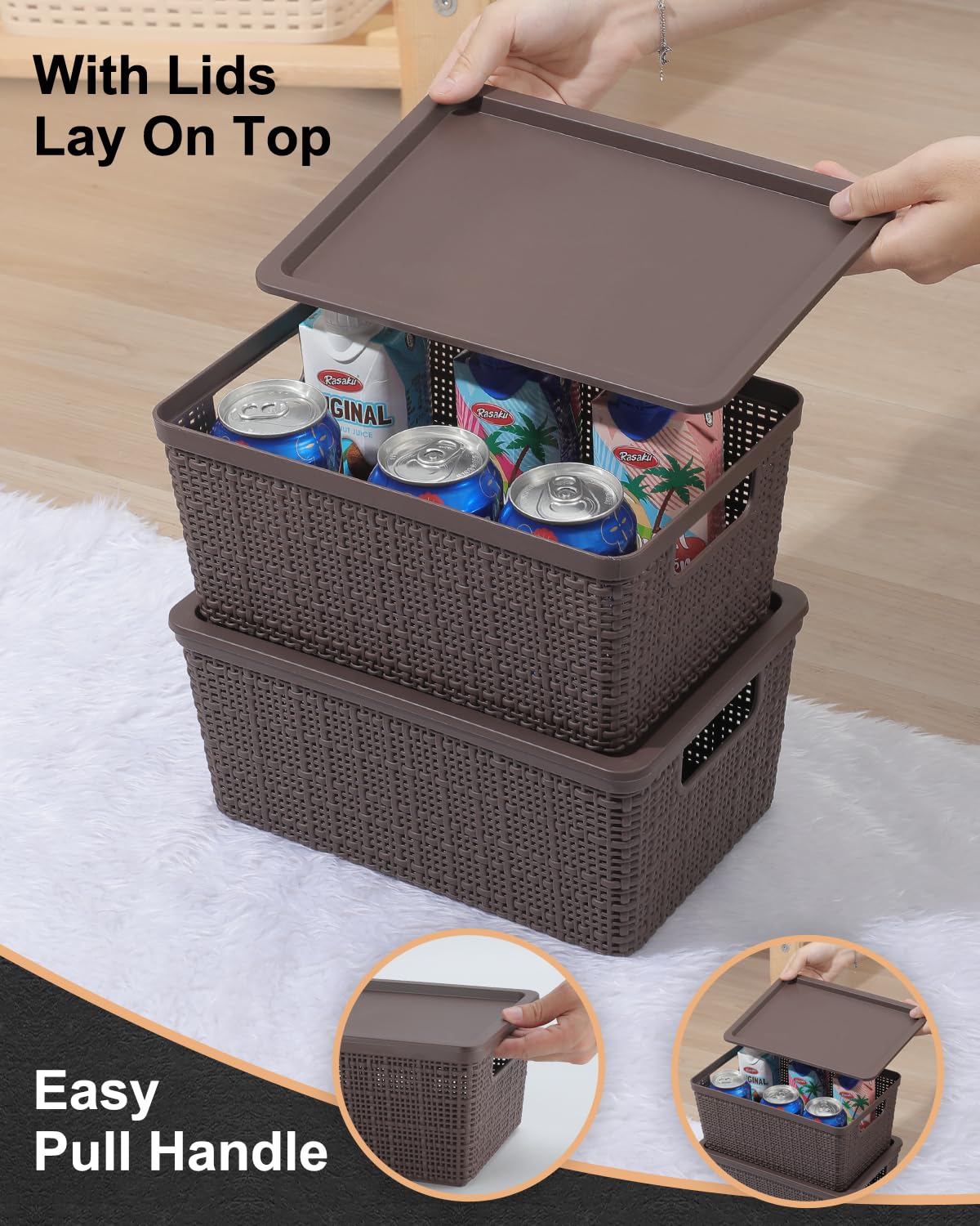 EOENVIVS Plastic Storage Baskets with Lids Kitchen Organizers and Storage Containers Organizer Bins Small Baskets for Shelves Drawers Desktop Closet Playroom Classroom Office, Brown, 6 Pack