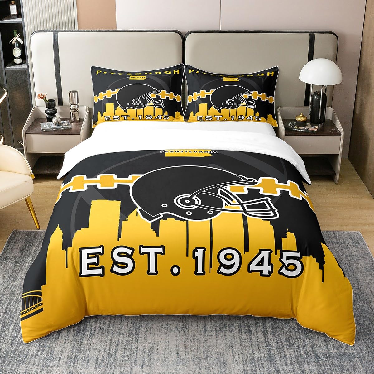 Erosebridal American Football Lovers 100% Organic Cotton Duvet Cover Full,Football Bedding Set,Sports Comforter Cover,Football Fans Bed Sets with 2 Pillow Shams Bedroom Decor,(Pittsburgh)