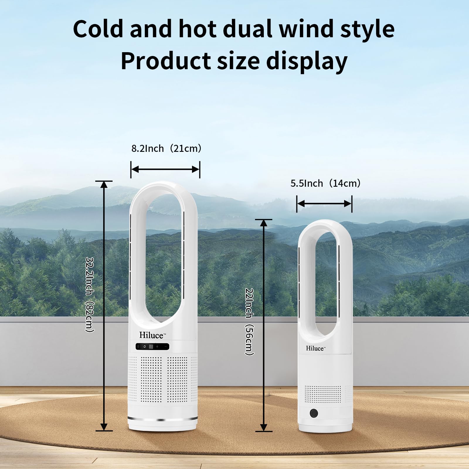 Hiluce Fan and Heater Combo,3-in-1 Bladeless Fan with Remote,Space Heater Fan,HEPA Filter,Tip-Over Switch,26ft/s Quiet Heater Fan,80°Oscillating, 8 Speeds, 9H Timer, 32 inch Large