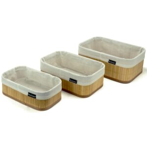 brookstone [3 piece set] bamboo storage basket, boho organization and storage container, decorative shelf bin for any bedroom, over the vanity bathroom accessory, suitable for any home décor style