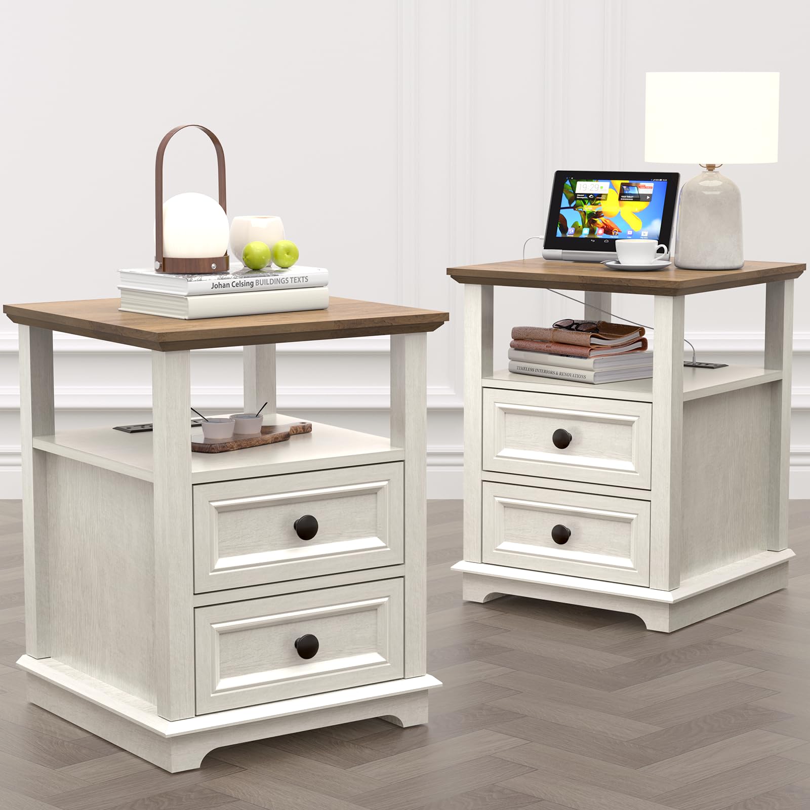 REDAYFUR 24” Tall Nightstand with Charging Station Set of 2, Fast Charge End Table Set of 2, Large 18” Bedside Table with Drawers, Storage Cabinet with Open Shelf for Bedroom, White