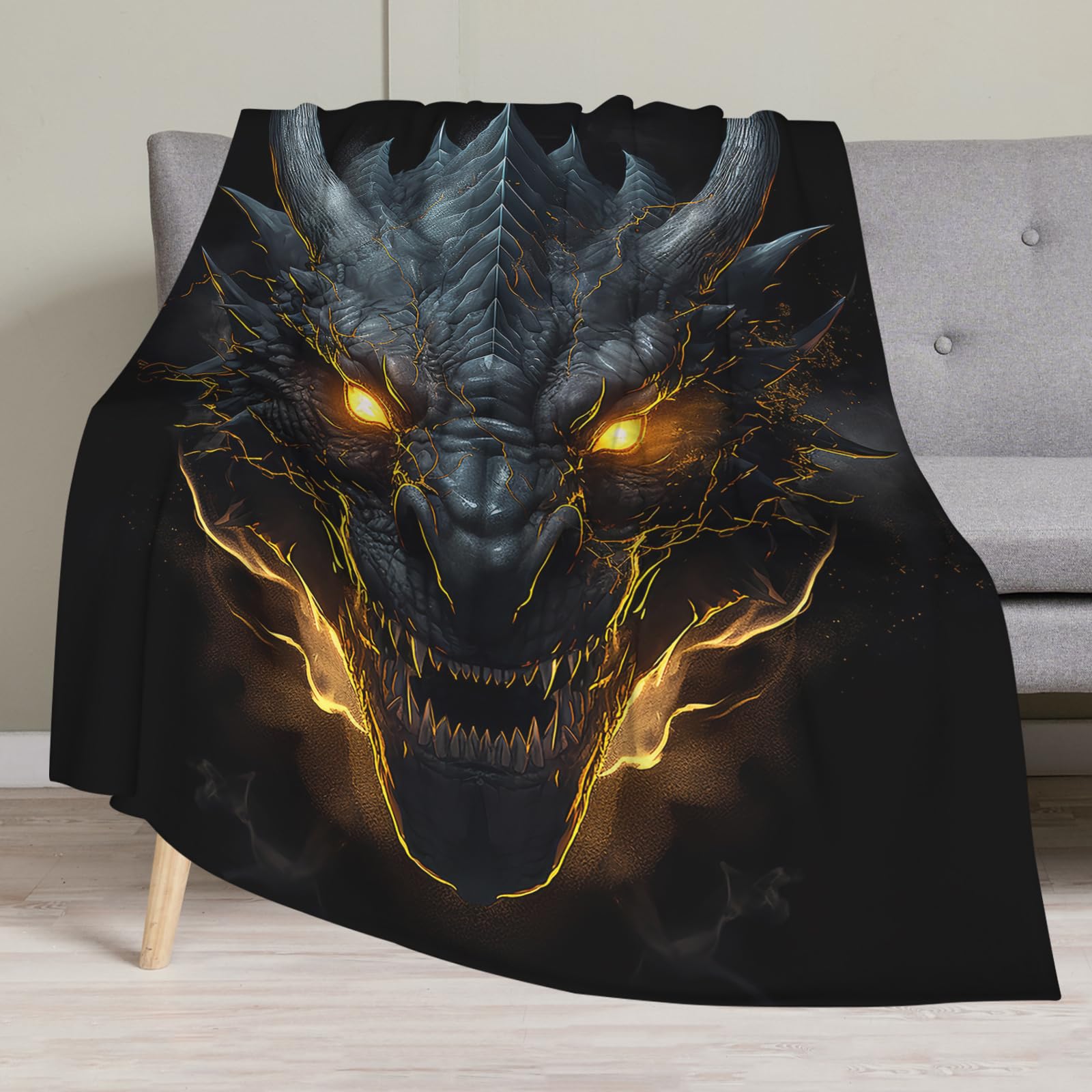 Huke Dragon Gifts Blanket, Cool Black Gold Dragon Blanket, Dragon Gifts for Men/Women/Teens/Kids/Boys/Girls, Plush Dragon Throw Blanket, Gifts for Dragon Lover, Cool Ideas,60"X50"