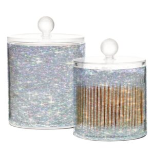 YETTASBIN Silver Glitter Plastic Apothecary Jars 2 Pack, Qtip Holder Dispenser with Lid, Bathroom Storage Canister Jar for Cotton Swab, Cotton Ball, Floss