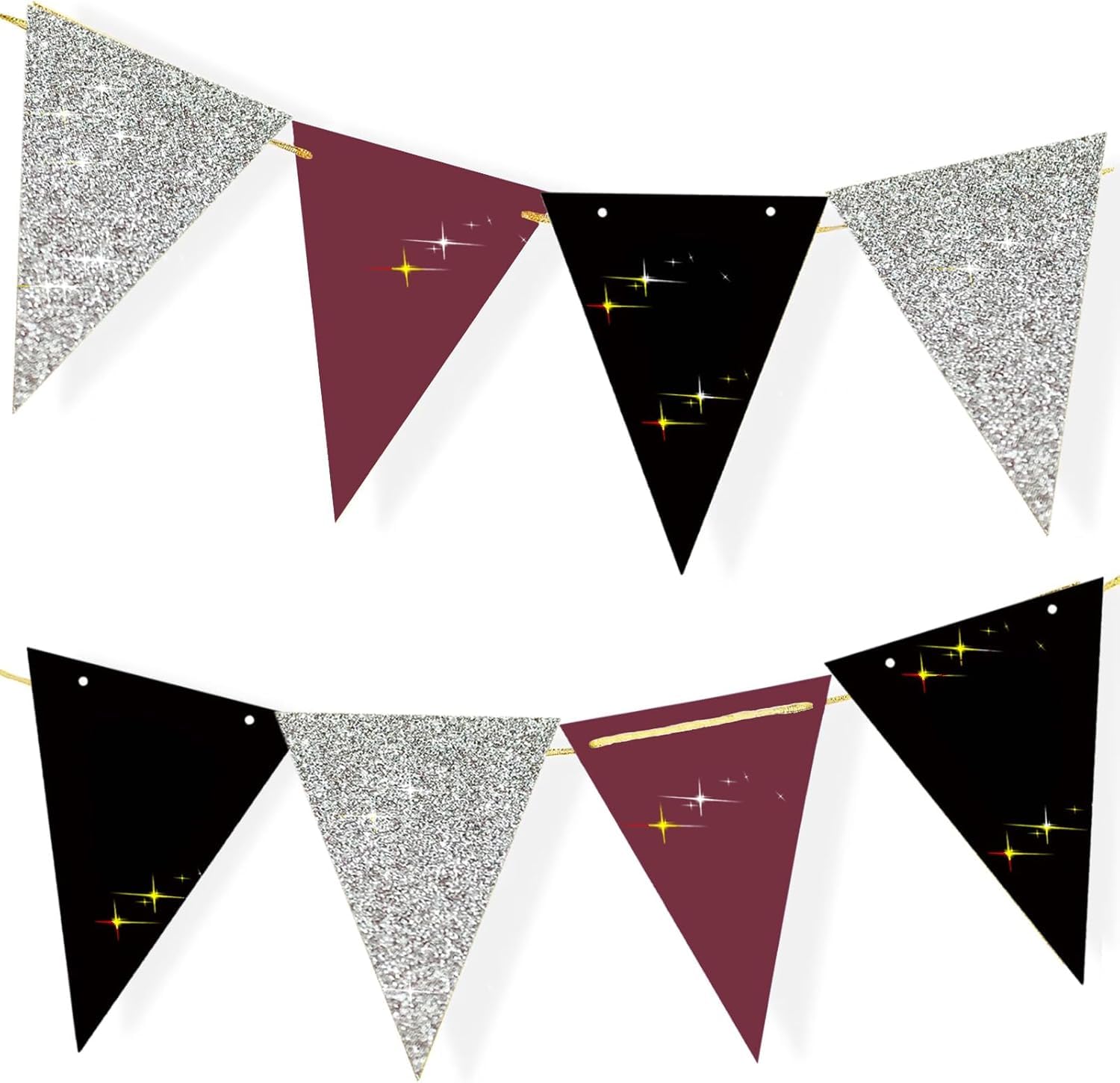 Graduation Decorations Maroon Black 2024/Burgundy Black Graduation Party Decorations/Burgundy Silver Black Triangle Banners 2pcs for Maroon Black Birthday Party Decorations Bridal Shower/Wedding