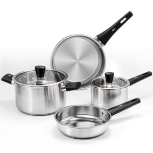 pots and pans set, 6-piece stainless steel kitchen cookware set with stay-cool handles, kitchen cooking sets pots and pans compatible with gas, electric & induction, dishwasher safe